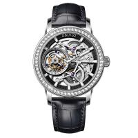 China OBLVLO Men’s Hollow‑Dial Skeleton Automatic Watch, Rose‑Gold Case with Crystal Bezel & Genuine Leather Strap for sale