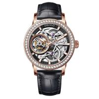 China OBLVLO Men’s Hollow‑Dial Skeleton Automatic Watch, Rose‑Gold Case with Crystal Bezel & Genuine Leather Strap for sale