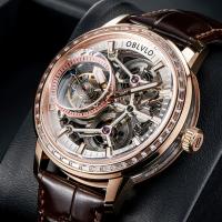 China OBLVLO Men’s Hollow‑Dial Skeleton Automatic Watch, Rose‑Gold Case with Crystal Bezel & Genuine Leather Strap for sale