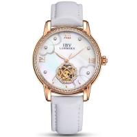 China Rose Gold Skeleton Mechanical Ladies Watch Mother Of Pearl Dial Crystal Bezel Genuine Leather Strap 3 Colors Luxury Women Dress Wrist Watch Gift for sale