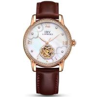 China Rose Gold Skeleton Mechanical Ladies Watch Mother Of Pearl Dial Crystal Bezel Genuine Leather Strap 3 Colors Luxury Women Dress Wrist Watch Gift for sale