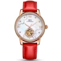 China Rose Gold Skeleton Mechanical Ladies Watch Mother Of Pearl Dial Crystal Bezel Genuine Leather Strap 3 Colors Luxury Women Dress Wrist Watch Gift for sale