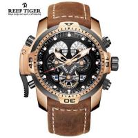 China Reef‑Tiger Men’s Sports Chronograph Watch, Rose‑Gold Case with Brown Suede Leather Strap for sale