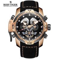 China Reef‑Tiger Men’s Sports Chronograph Watch, Rose‑Gold Case with Brown Suede Leather Strap for sale