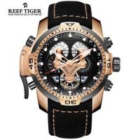 China Reef‑Tiger Men’s Sports Chronograph Watch, Rose‑Gold Case with Brown Suede Leather Strap for sale