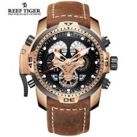 China Reef‑Tiger Men’s Sports Chronograph Watch, Rose‑Gold Case with Brown Suede Leather Strap for sale