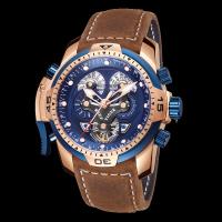 China Reef‑Tiger Men’s Sports Chronograph Watch, Rose‑Gold Case with Brown Suede Leather Strap for sale