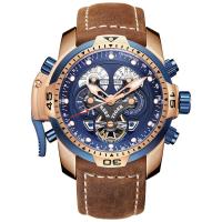 China Reef‑Tiger Men’s Sports Chronograph Watch, Rose‑Gold Case with Brown Suede Leather Strap for sale