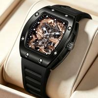 China Men’s Tonneau‑Shape Hollow‑Dial Quartz Watch, Dragon‑Carved Dial Silicone‑Strap Business‑Fashion Wrist Watch for sale