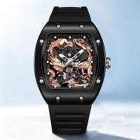China Men’s Tonneau‑Shape Hollow‑Dial Quartz Watch, Dragon‑Carved Dial Silicone‑Strap Business‑Fashion Wrist Watch for sale