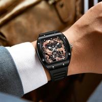 China Men’s Tonneau‑Shape Hollow‑Dial Quartz Watch, Dragon‑Carved Dial Silicone‑Strap Business‑Fashion Wrist Watch for sale