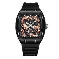 China Men’s Tonneau‑Shape Hollow‑Dial Quartz Watch, Dragon‑Carved Dial Silicone‑Strap Business‑Fashion Wrist Watch for sale