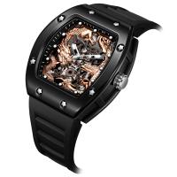 China Men’s Tonneau‑Shape Hollow‑Dial Quartz Watch, Dragon‑Carved Dial Silicone‑Strap Business‑Fashion Wrist Watch for sale
