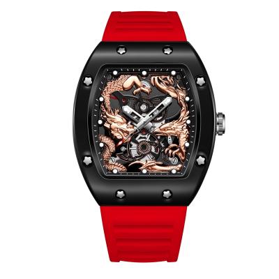 China Men’s Tonneau‑Shape Hollow‑Dial Quartz Watch, Dragon‑Carved Dial Silicone‑Strap Business‑Fashion Wrist Watch for sale