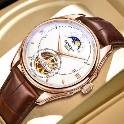 China Carnival Automatic Mechanical Watch Moon Phase Skeleton Dial Leather Strap Men Wrist Watch for sale
