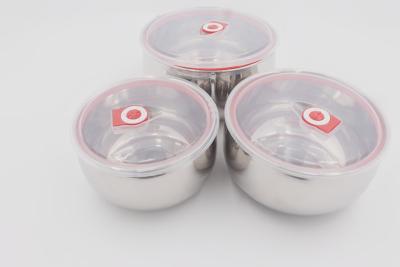 China 201 Stainless Steel Mixing Bowl Set 3pcs 14 16 18cm with PP Lids Stackable Food Container for sale