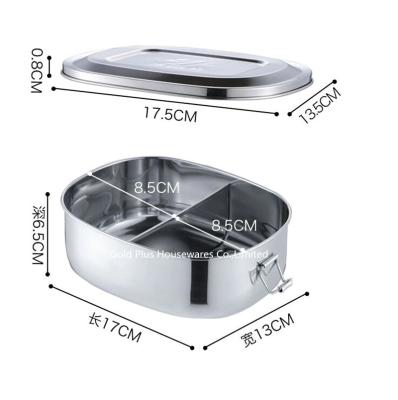 China 900ml Stainless Steel Food Container Rectangle Lunch Box with Two Dividers 304 for sale