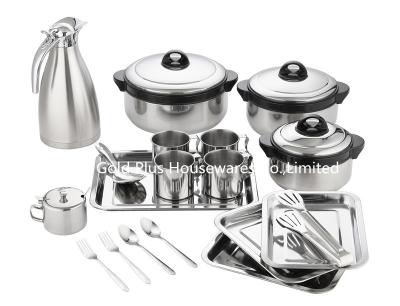 China 19pcs Stainless Steel Cookware Set with Serving Tray Food Warmer Coffee Thermos Pot 27kg for sale