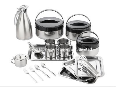 China 19pcs Stainless Steel Kitchen Set Food Warmer Lunch Box Coffee Pot Carafe Cutlery Set 27kg for sale