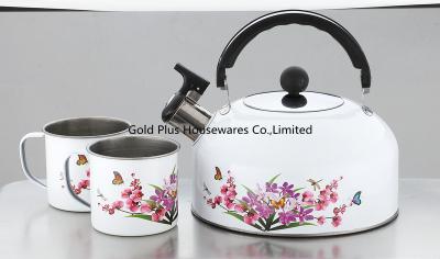 China Stainless Steel Whistle Kettle 0.11cbm Safety Alarm Tea Kettle with 2 Cups for sale