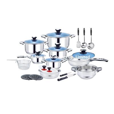 China 25pcs Non Stick Soup Pot Stainless Steel Kitchen Utensils Long Handle 14.5kg Set Blue Glass Lid for sale