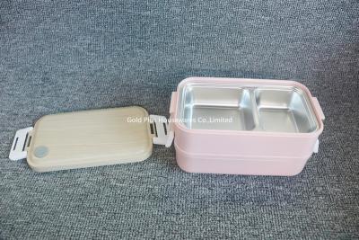 China 201 Stainless Steel 2 Compartment Bento Lunch Box 500g PP Plastic Wooden Style for sale