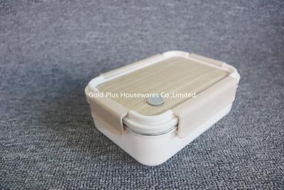 China 201 Stainless Steel 3 Compartment Airtight Bento Box 22x16x17.5cm Wood Grain Lid for sale