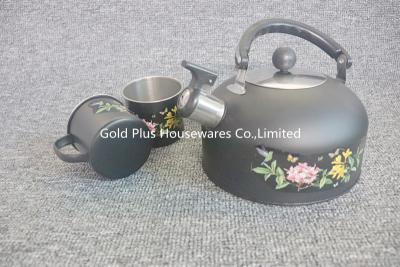 China Stainless Steel Whistling Tea Pot 0.11cbm Flower Painting with Two Cups for sale