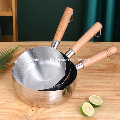 China Stainless Steel 22cm Milk Warmer Pot Heat Resistant Silver Color with Wooden Handle for sale