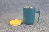 China Plain Green Double Wall Insulated Stainless Steel Coffee Mug 12.3cm with Lid Spoon for sale