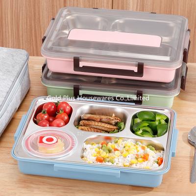 China SUS 304 Stainless Steel 4 Compartment Bento Lunch Box with Spoon Eco Friendly Rectangle Food Carrier for Picnic for sale