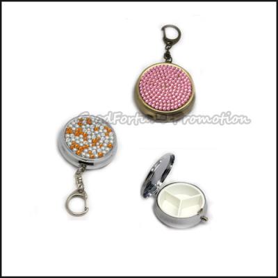 China customed printed logo metal diamond roound pill box case organizer keychain keyrings gift for sale