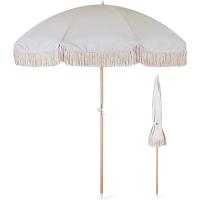 China Portable 8 Feet Vintage Boho Sun Umbrella with Yellow Fringe and Wooden Pole for sale