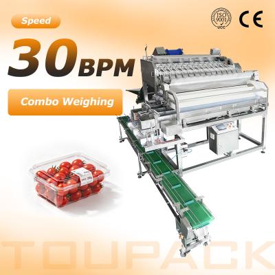 China Fruit Tray Sealing Packaging Line | With Automatic Tray Denester & Fruit Linear Weigher for sale