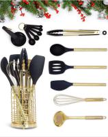China 17PC Black Gold Silicone Kitchen Utensils Set with Metal Holder Stainless Steel 450F Heat Resistant for sale