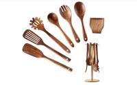 China 8 Piece Teak Wooden Kitchen Utensil Set with Holder Food Safe Natural Wood Cooking Tools for sale