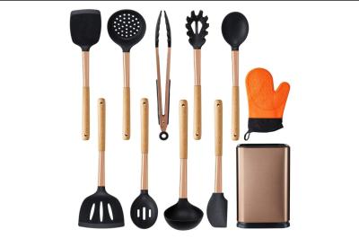 China 11 Piece Rose Gold Silicone Cooking Utensils Set with Copper Holder BPA Free 230C for sale