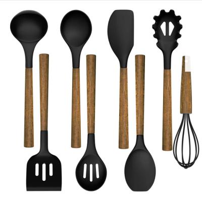 China Acacia Wooden Kitchen Utensil Set 8pcs Heat Resistant Silicone BPA Free 450F for sale