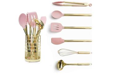 China Gold & Pink silicone kitchen utensil sets ,Gold Utensil Holder for sale