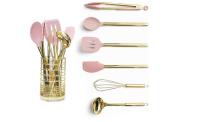 China 7 Piece Gold Pink Silicone Kitchen Utensil Set with Stainless Steel Holder 392F Heat Resistant for sale