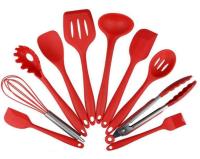 China FDA Grade Silicone Kitchen Utensils 10 Piece Set Stainless Steel Core Red for sale