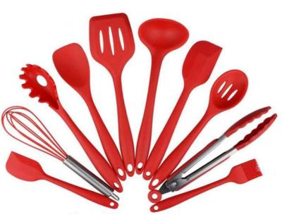 China FDA Grade Silicone Kitchen Utensils 10 Piece Set Stainless Steel Core Red for sale