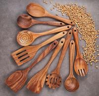China Natural Teak Wooden Kitchen Utensil Set 9 Piece Non Toxic Heat Resistant 450F for sale