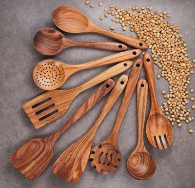 China Natural Teak Wooden Kitchen Utensil Set 9 Piece Non Toxic Heat Resistant 450F for sale