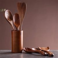 China Natural Wooden Spoon Spatula Set 6 Piece Non Toxic Eco Friendly Kitchen Utensils with Holder for sale