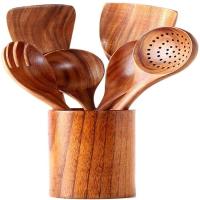 China Natural Wooden Spoon Spatula Set 6 Piece Non Toxic Eco Friendly Kitchen Utensils with Holder for sale