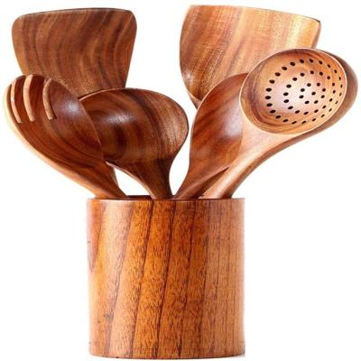 China Natural Wooden Spoon Spatula Set 6 Piece Non Toxic Eco Friendly Kitchen Utensils with Holder for sale