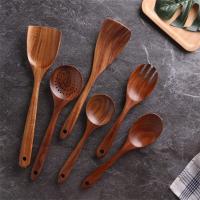 China Natural Wooden Spoon Spatula Set 6 Piece Non Toxic Eco Friendly Kitchen Utensils with Holder for sale