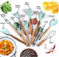 China 11 Piece Silicone Wooden Kitchen Utensil Set with Stand Heat Resistant 230F Nonstick Safe for sale