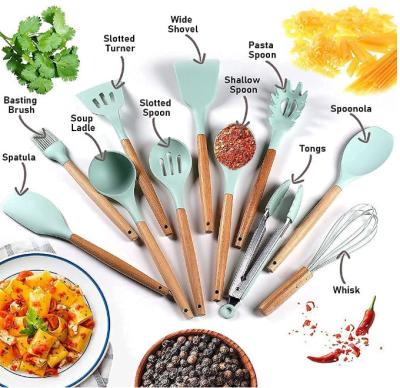 China 11 Piece Silicone Wooden Kitchen Utensil Set with Stand Heat Resistant 230F Nonstick Safe for sale